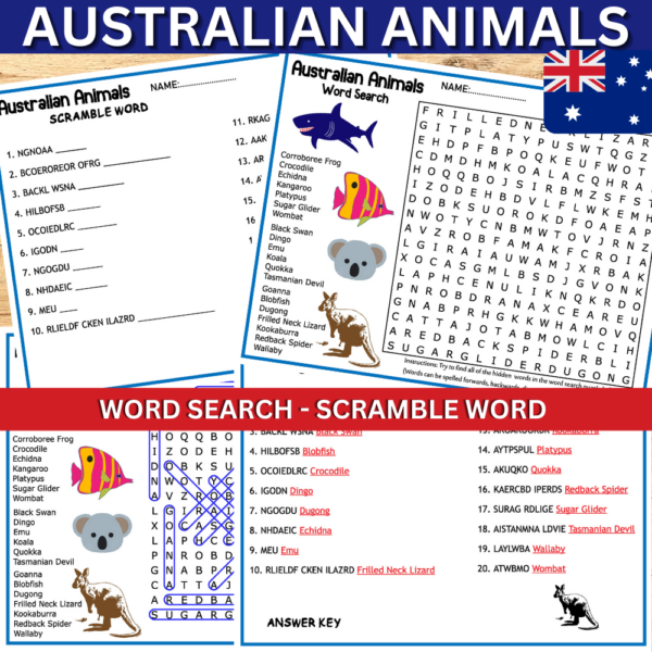 Australian Animals Word Search and Scramble Word | Made By Teachers