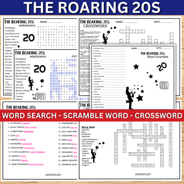 The Roaring 20s TWENTIES Worksheet Activity, Word Search-Scramble Word ...