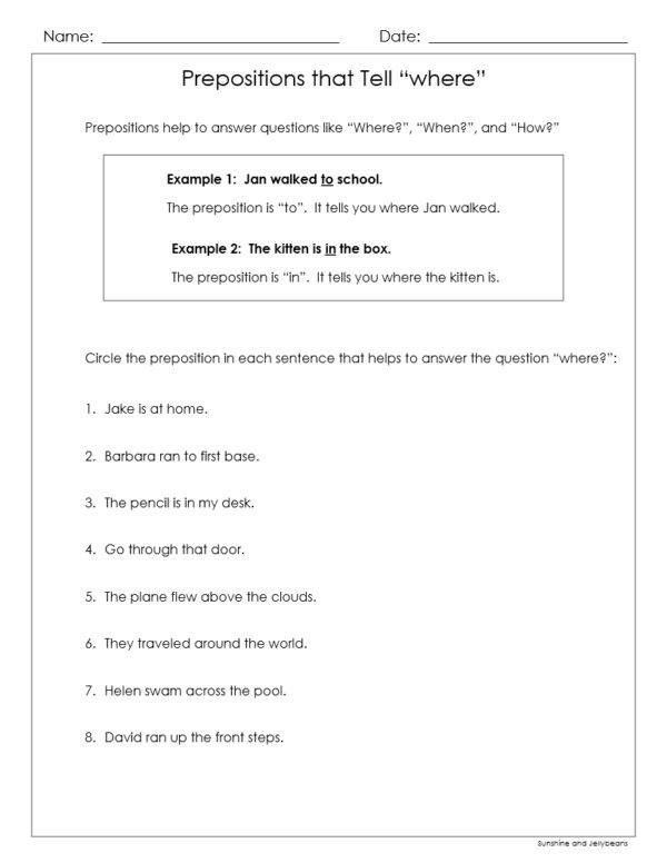 Practice with Prepositions - 6 worksheets - Grades 1 - 2 - Where-When ...