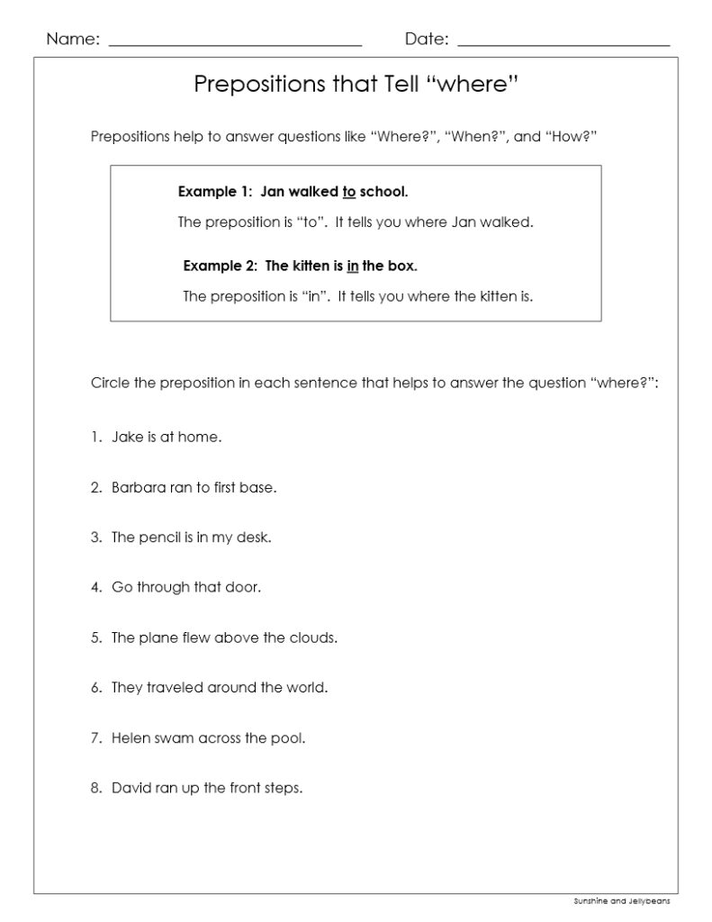 Practice with Prepositions - 6 worksheets - Grades 1 - 2 - Where-When ...
