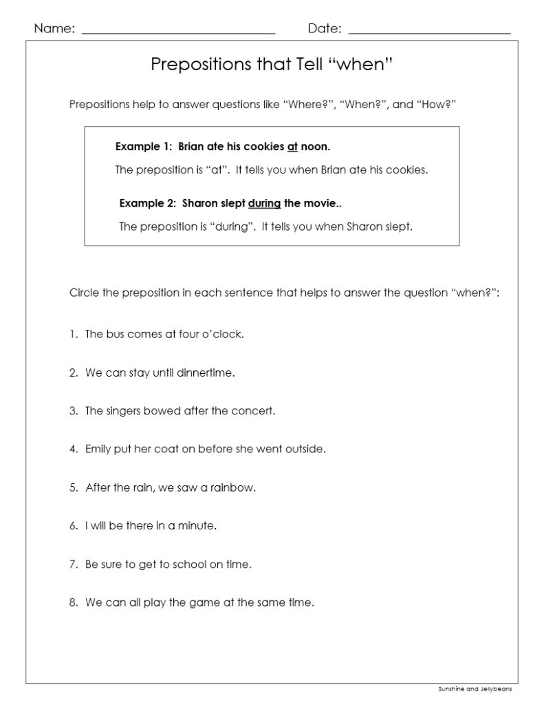 Practice with Prepositions - 6 worksheets - Grades 1 - 2 - Where-When ...
