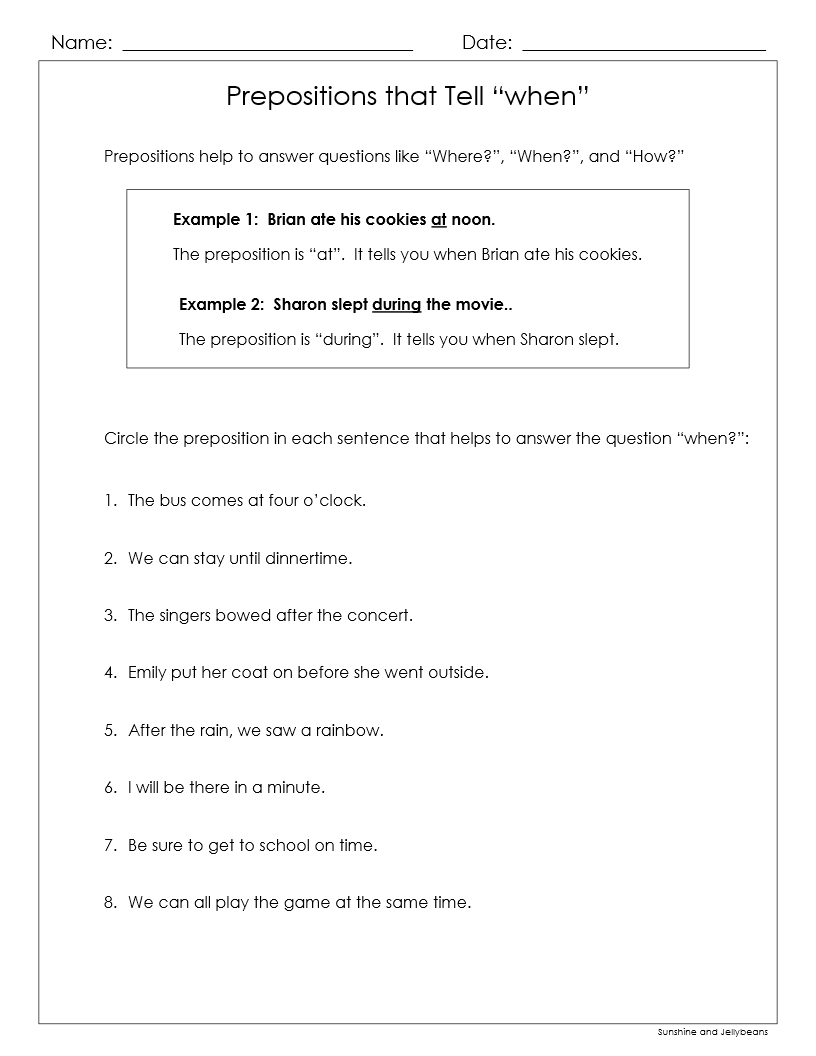 Practice with Prepositions - 6 worksheets - Grades 1 - 2 - Where-When ...