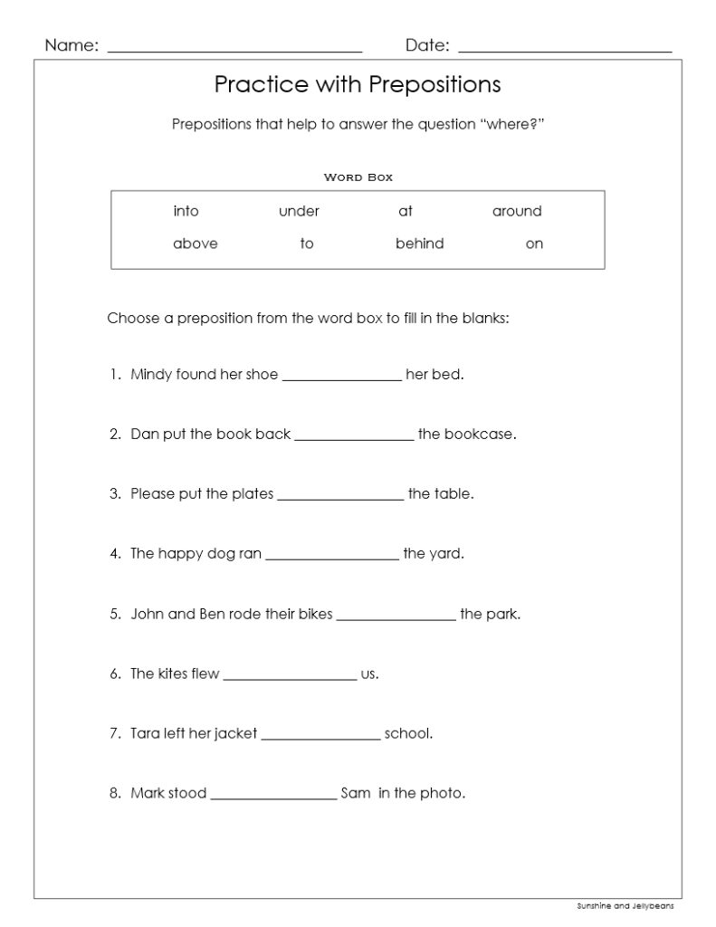 Practice with Prepositions - 6 worksheets - Grades 1 - 2 - Where-When ...
