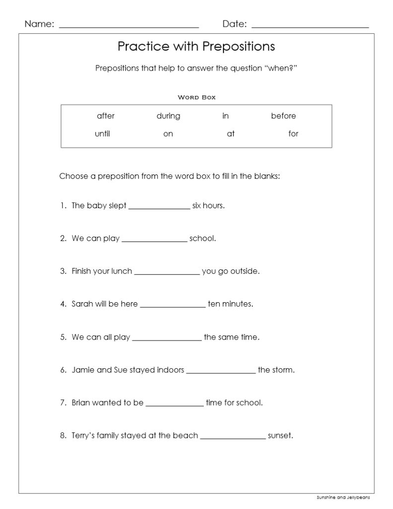 Practice with Prepositions - 6 worksheets - Grades 1 - 2 - Where-When ...