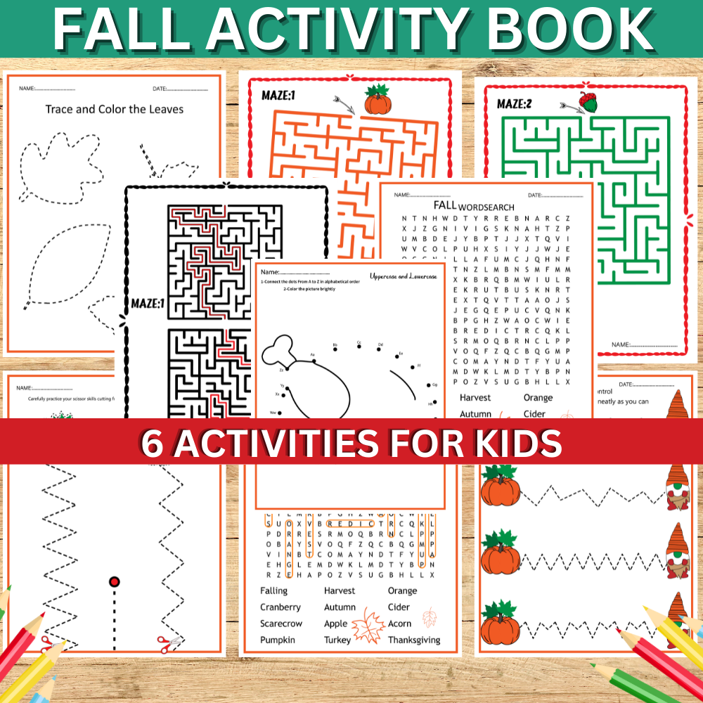 Fall Autumn Activity Book For Kids Mazes Wordsearch Prewriting Scissor