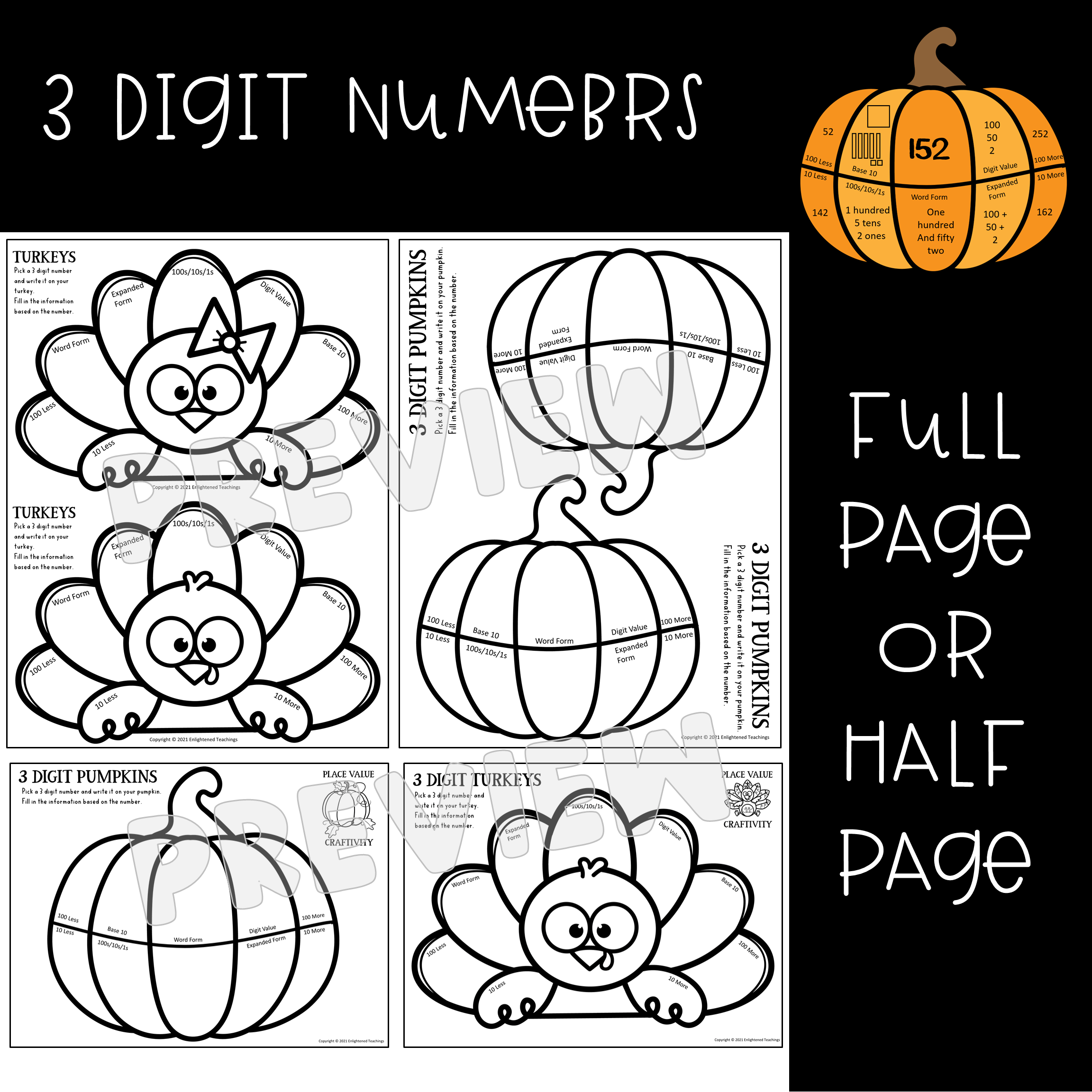 Turkey and Pumpkin Place Value Activity | Fall Place Value Worksheets ... Turkey and Pumpkin Place Value Activity | Fall Place Value Worksheets ...