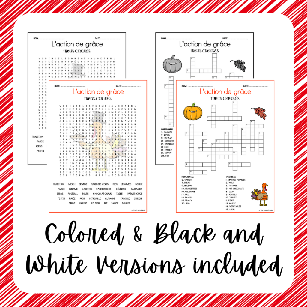 FRENCH L’action de grâce / Thanksgiving Word Search &Crossword ...