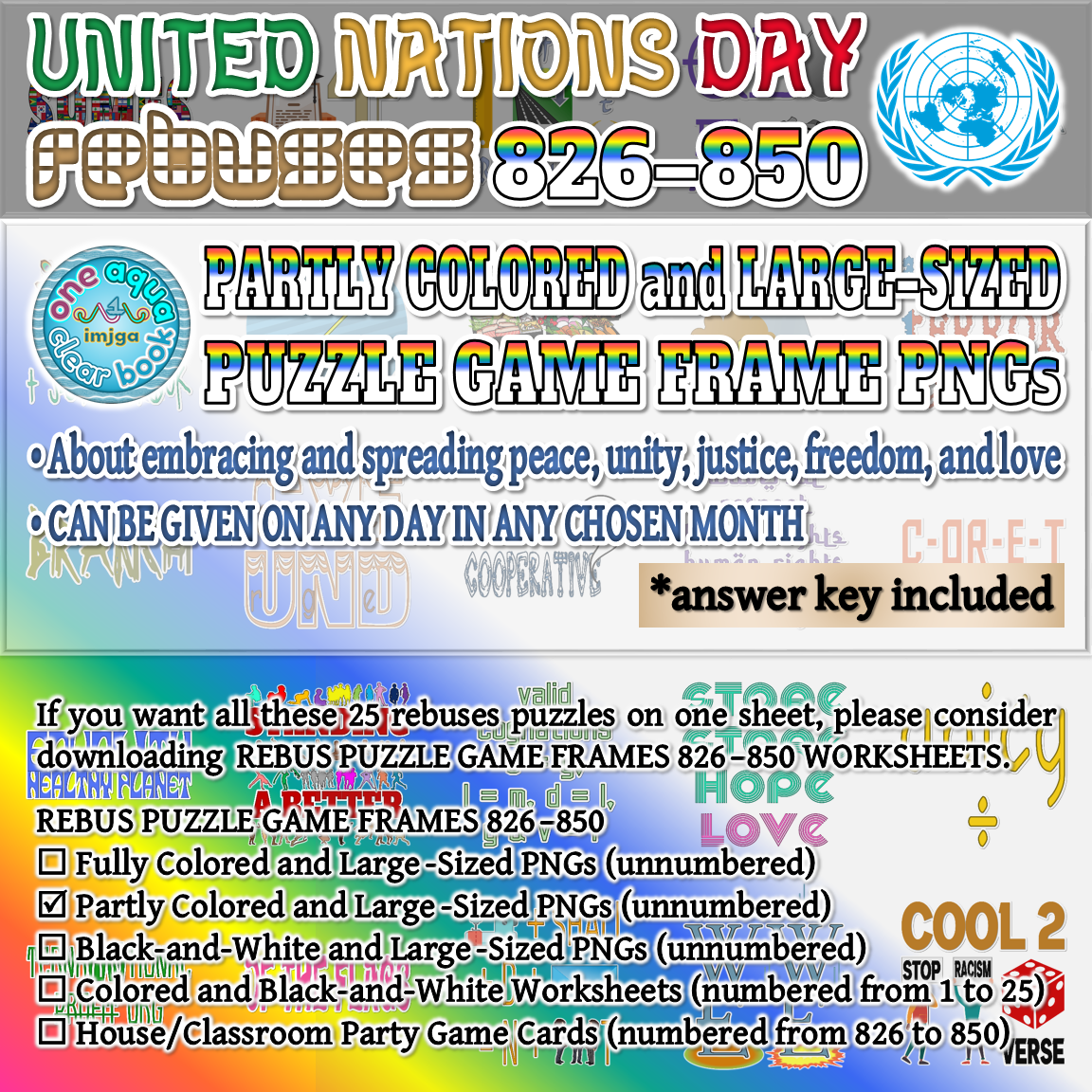 Partly Colored UNITED NATIONS DAY Rebus Puzzle Game Frames 826–850 PNGs ...