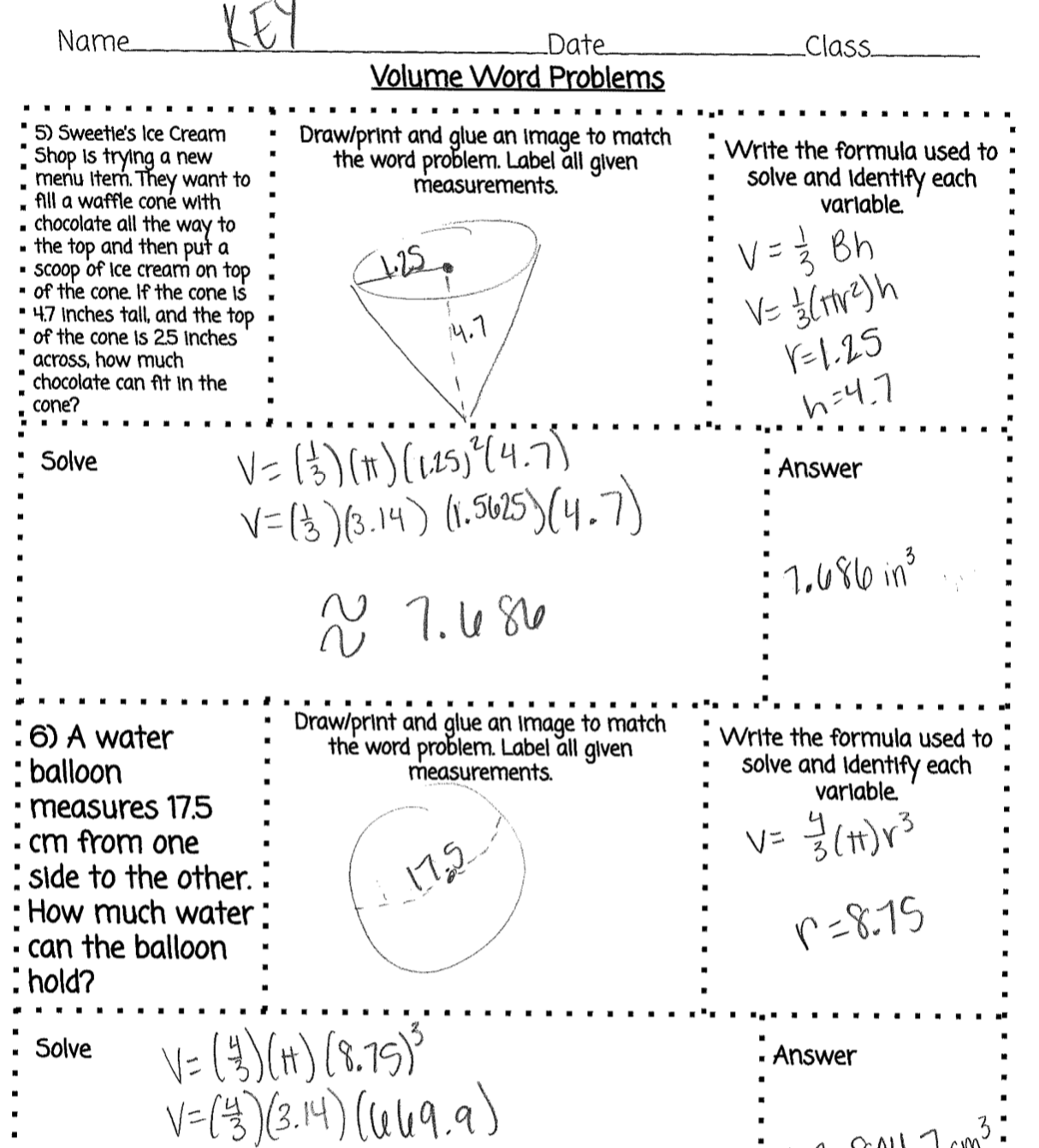 8th Grade Drawing Labeling And Solving Volume Word Problems Project