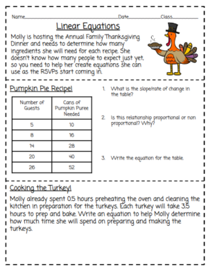 Thanksgiving Linear Equation Multiple Representations Activity/Project ...