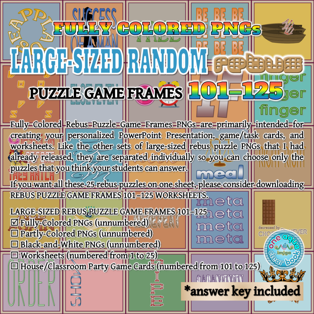 Fully Colored Rebus Puzzle Game Frames 101–125 PNGs | Made By Teachers