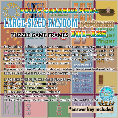 Fully Colored Rebus Puzzle Game Frames 101–125 PNGs - Made By Teachers