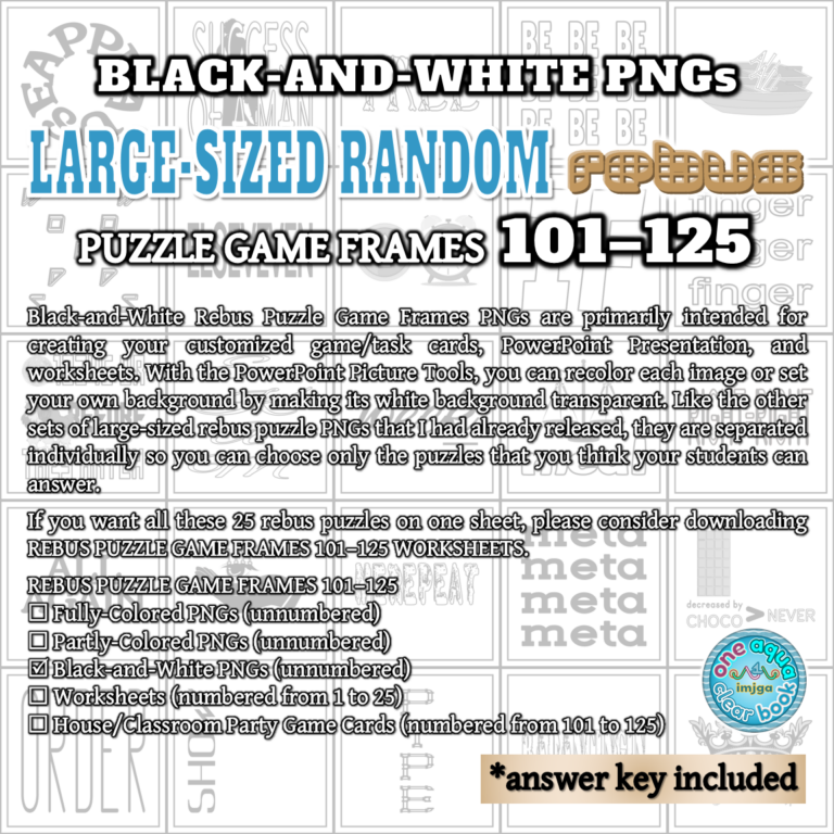 Black-and-White Rebus Puzzle Game Frames 101–125 PNGs - Made By Teachers