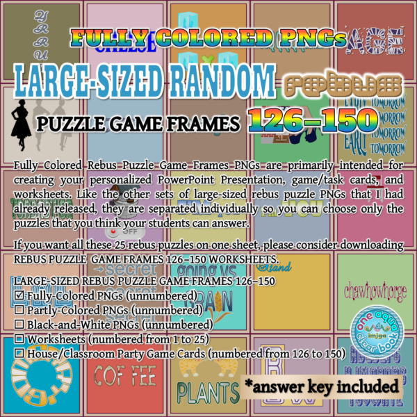 Fully Colored Rebus Puzzle Game Frames 126–150 PNGs - Made By Teachers