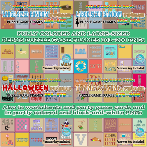 Black-and-White Rebus Puzzle Game Frames 101–125 PNGs - Made By Teachers