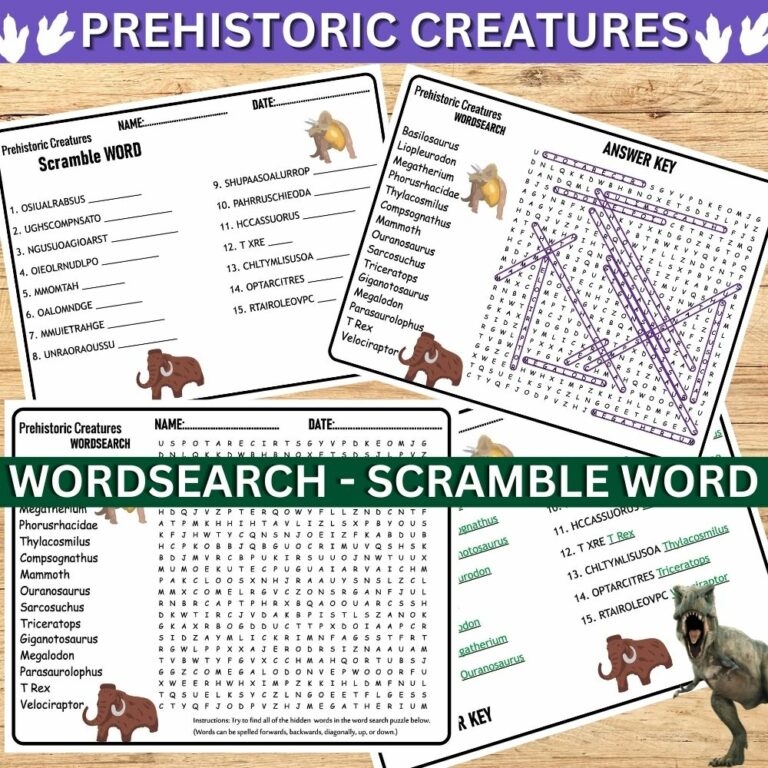 Prehistoric Creatures Wordsearch and Scramble Word Worksheets - Made By ...