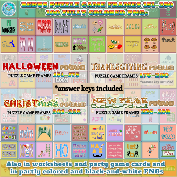 Fully Colored Rebus Puzzle Game Frames 151–250 PNGs | Made By Teachers