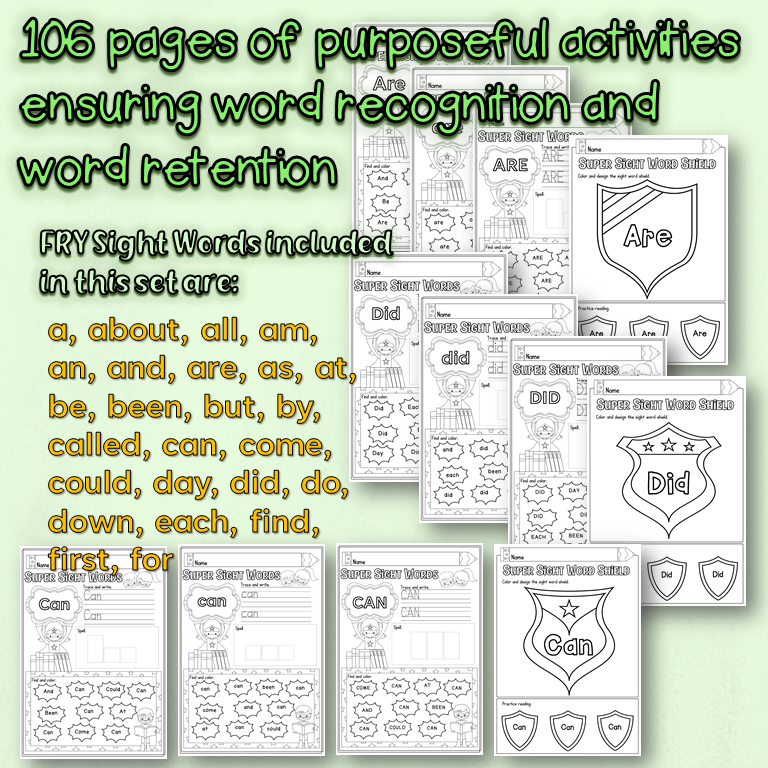 Pre-Kinder / Kinder FRY Sight Words No-Prep Worksheets and Flashcards ...