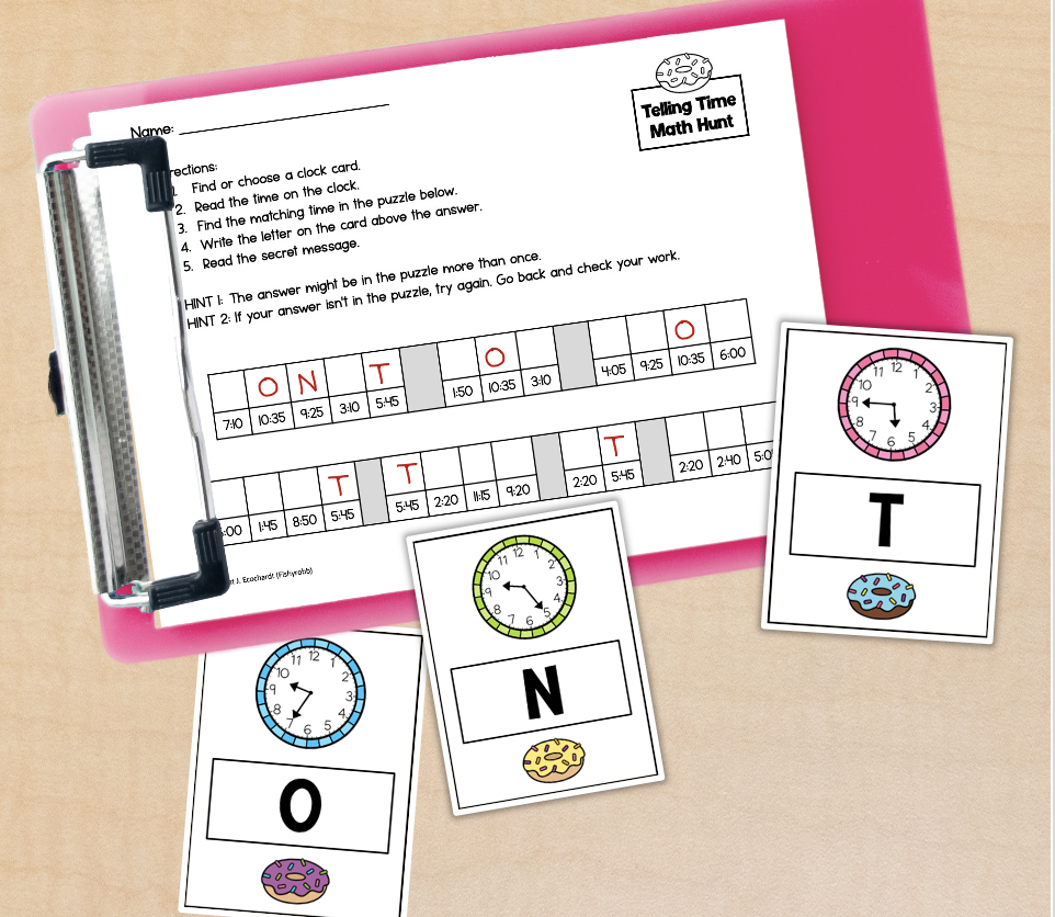 Telling Time to 5 Minutes Math Scavenger Hunt Secret Message Activity ...