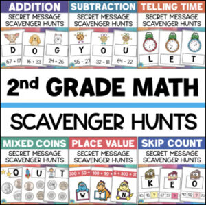 2nd Grade Math Scavenger Hunt BUNDLE Addition Subtraction Time Money ...