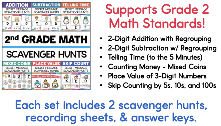 2nd Grade Math Scavenger Hunt BUNDLE Addition Subtraction Time Money ...