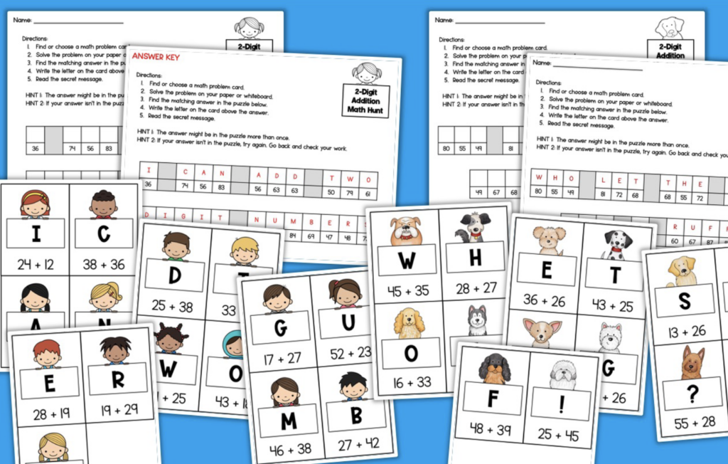 2nd Grade Math Scavenger Hunt BUNDLE Addition Subtraction Time Money ...