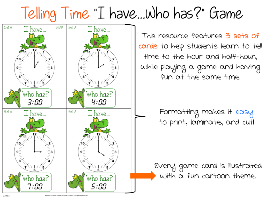 Telling Time I Have Who Has Game (Hour & Half-Hour) - Made By Teachers