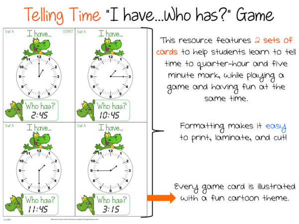 Telling Time I Have, Who Has Games (Nearest 5 Mins and Quarter Hour ...