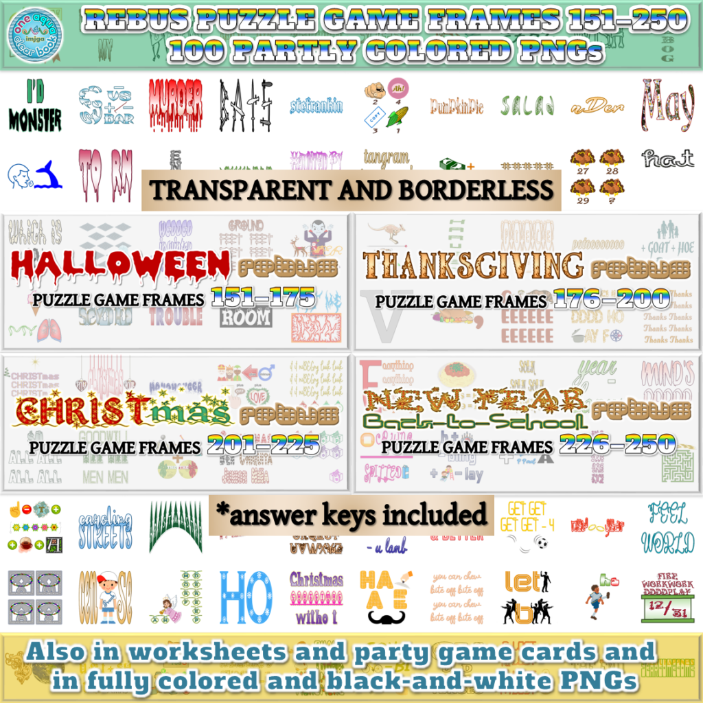 Black-and-White Rebus Puzzle Game Frames 101–125 PNGs - Made By Teachers