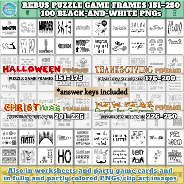 Black-and-White Rebus Puzzle Game Frames 151–250 PNGs | Made By Teachers