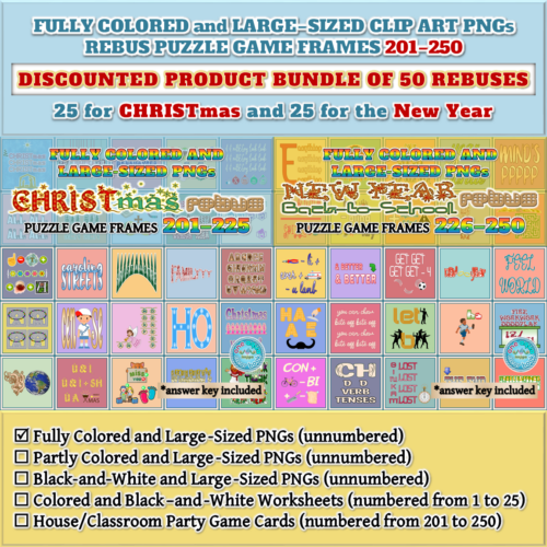 Fully Colored Rebus Puzzle Game Frames 201–250 PNGs | Made By Teachers