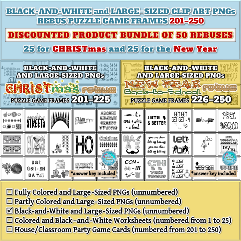 Fully Colored Rebus Puzzle Game Frames 101–125 PNGs - Made By Teachers