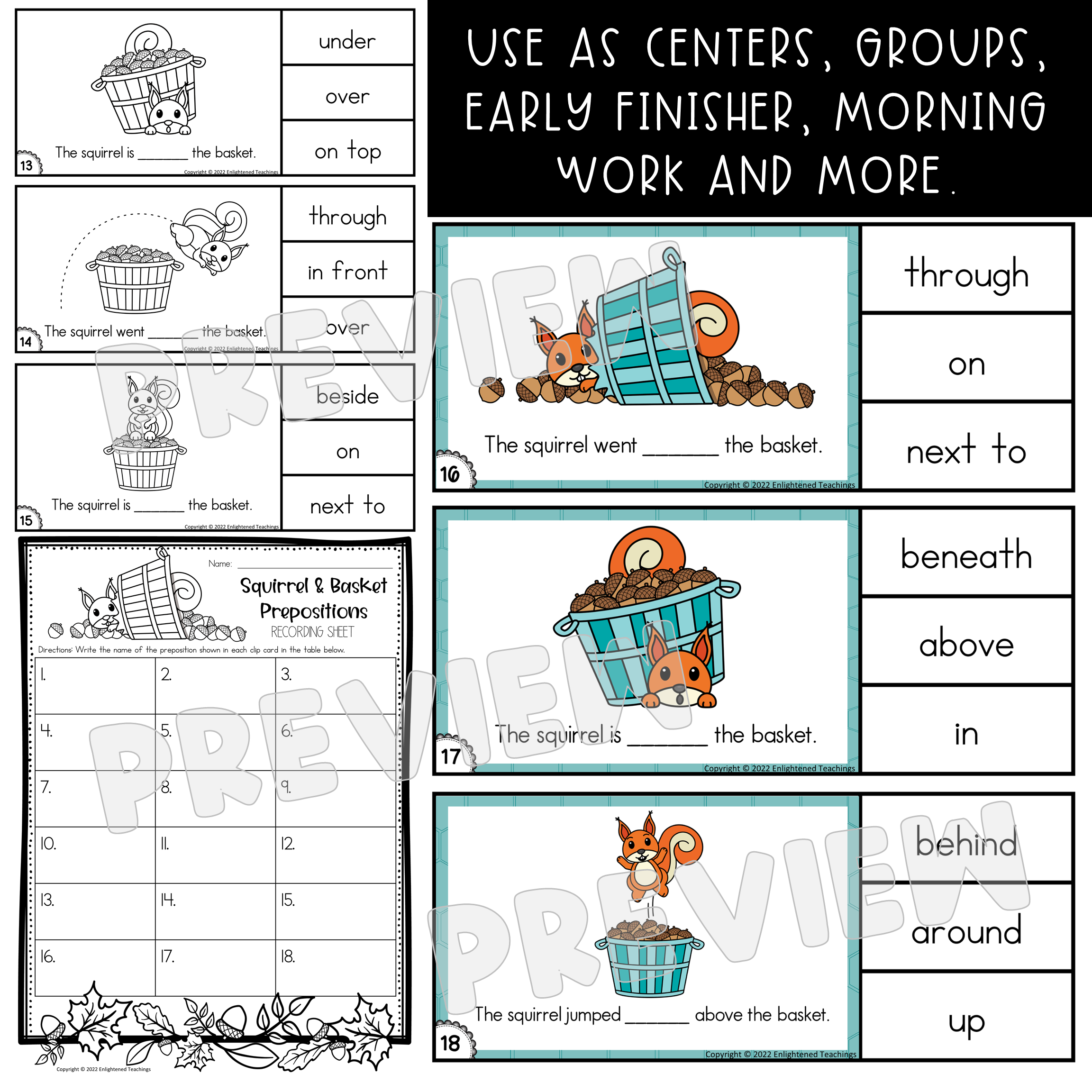 Fall Preposition Clip Cards Task Cards Positional Words Squirrels ...