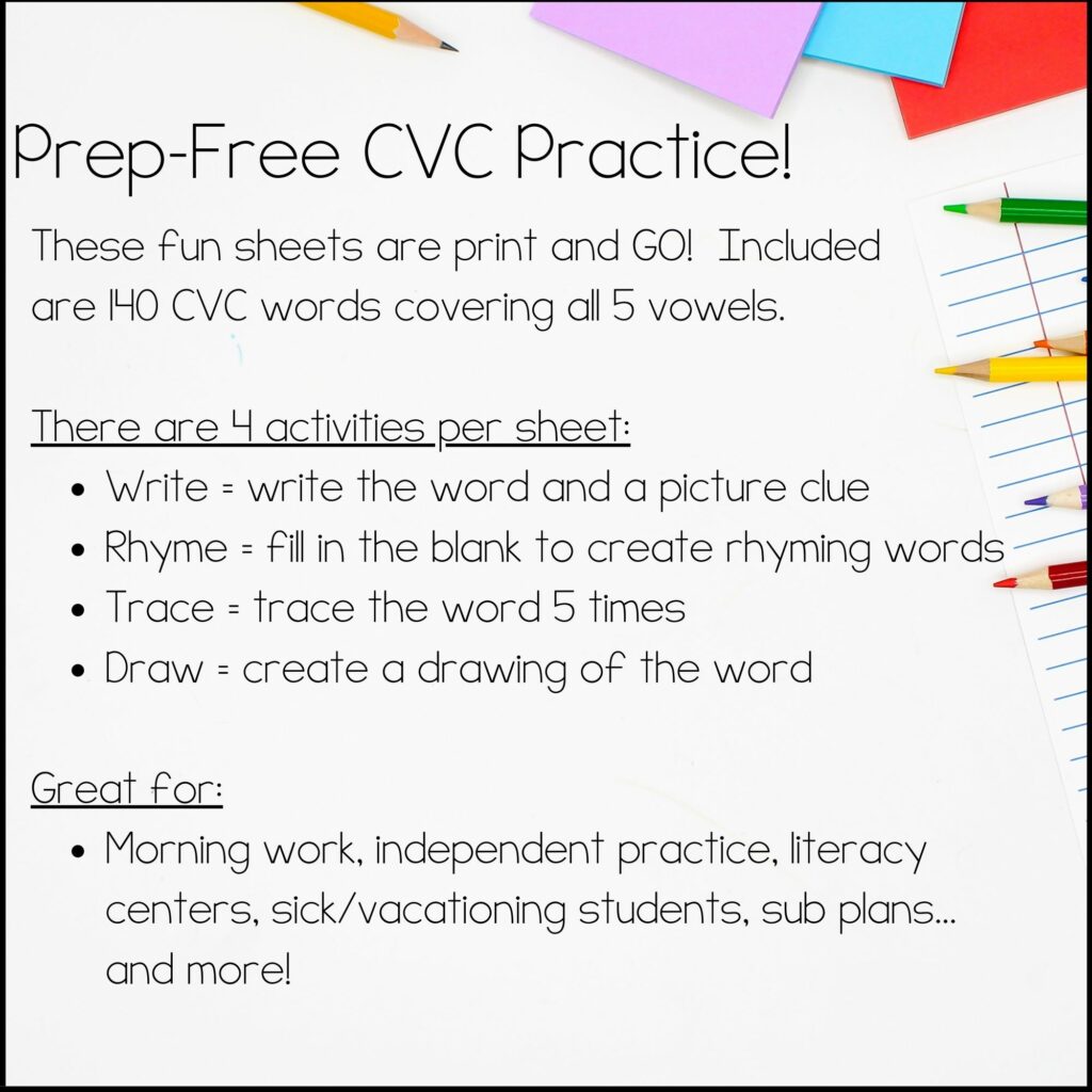 CVC Words Worksheets for Kindergarten Literacy Centers or Morning Work ...