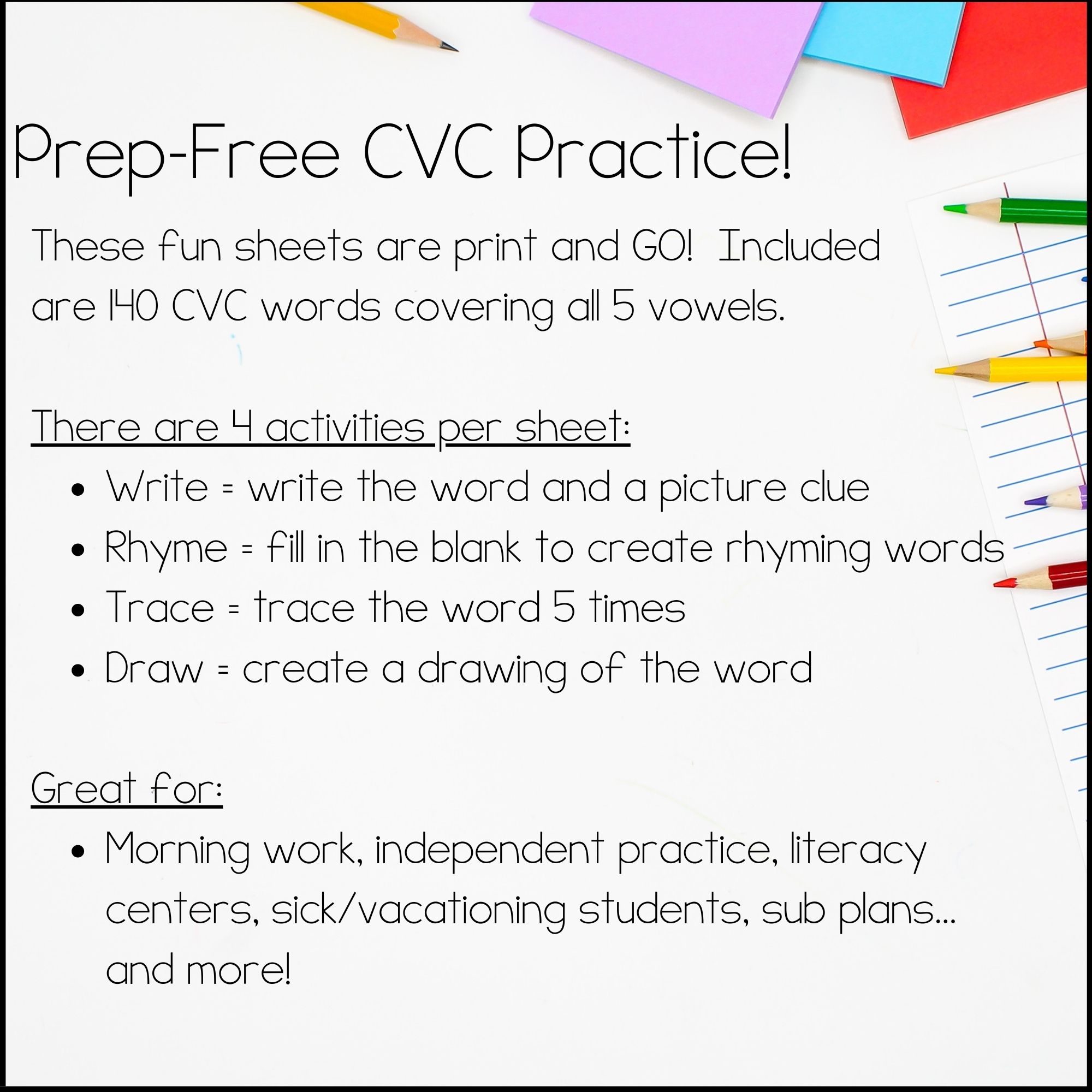 CVC Words Worksheets for Kindergarten Literacy Centers or Morning Work ...