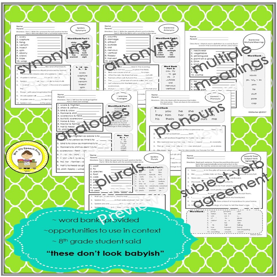 October Language and Vocabulary Printables for Middle School Speech ...