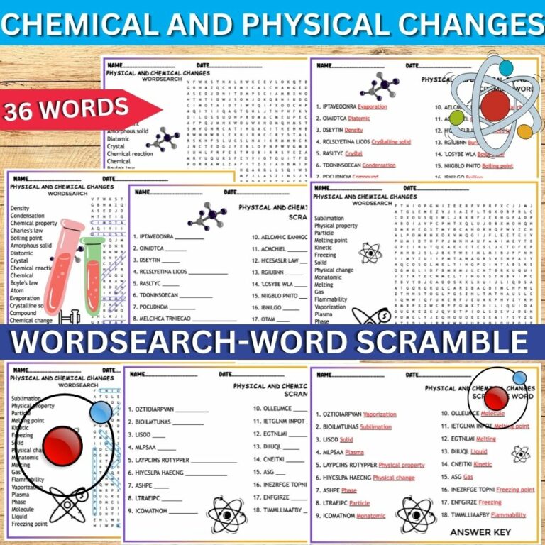 Physical and Chemical Changes Worksheets Wordsearch Word Scramble ...