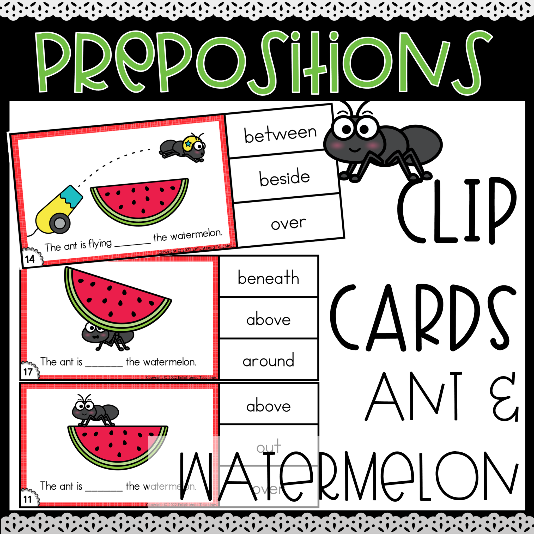 Summer Preposition Clip Cards Task Cards Positional Words Ant Watermlon ...