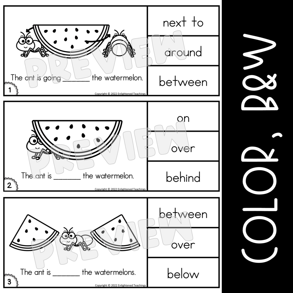Summer Preposition Clip Cards Task Cards Positional Words Ant Watermlon ...