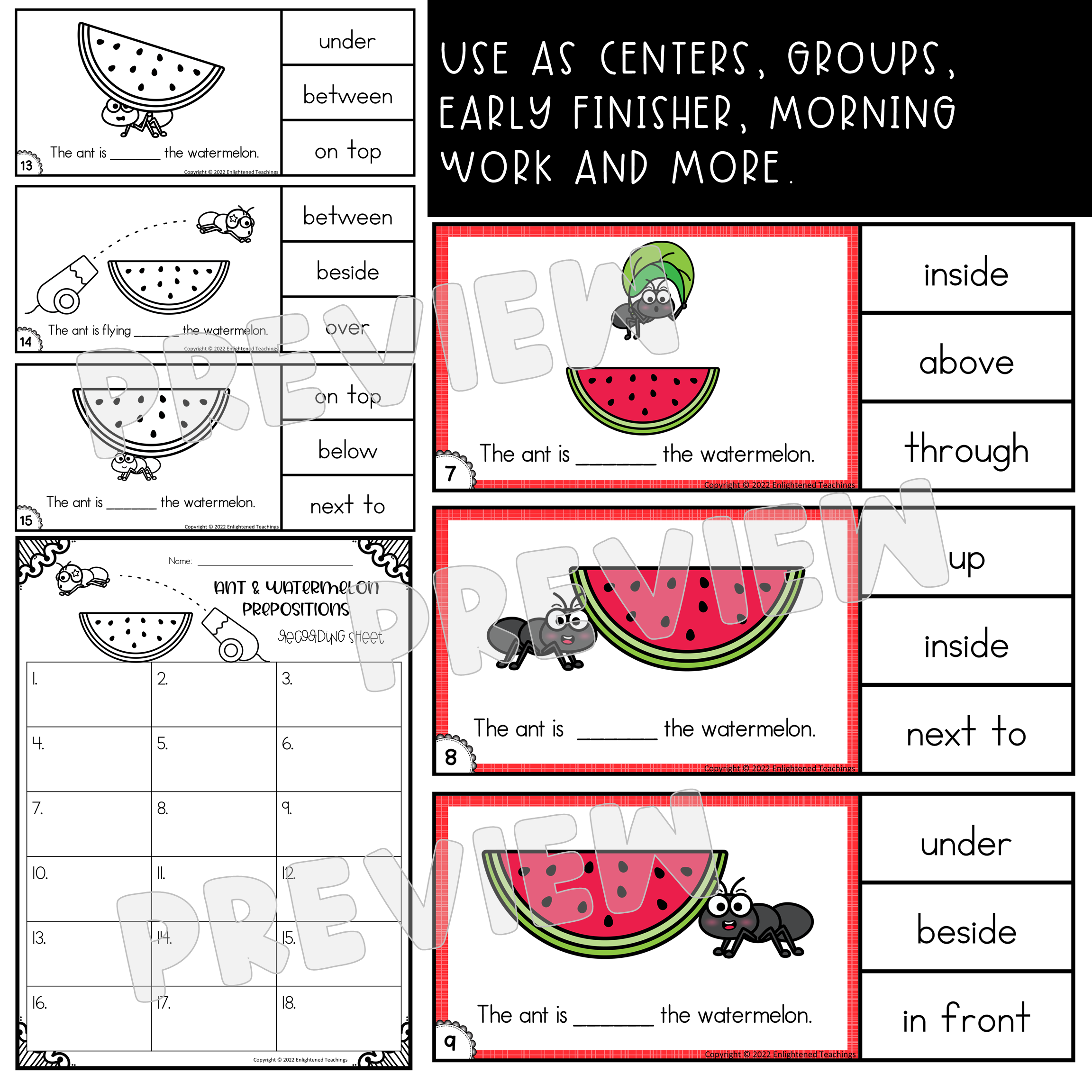 Summer Preposition Clip Cards Task Cards Positional Words Ant Watermlon ...