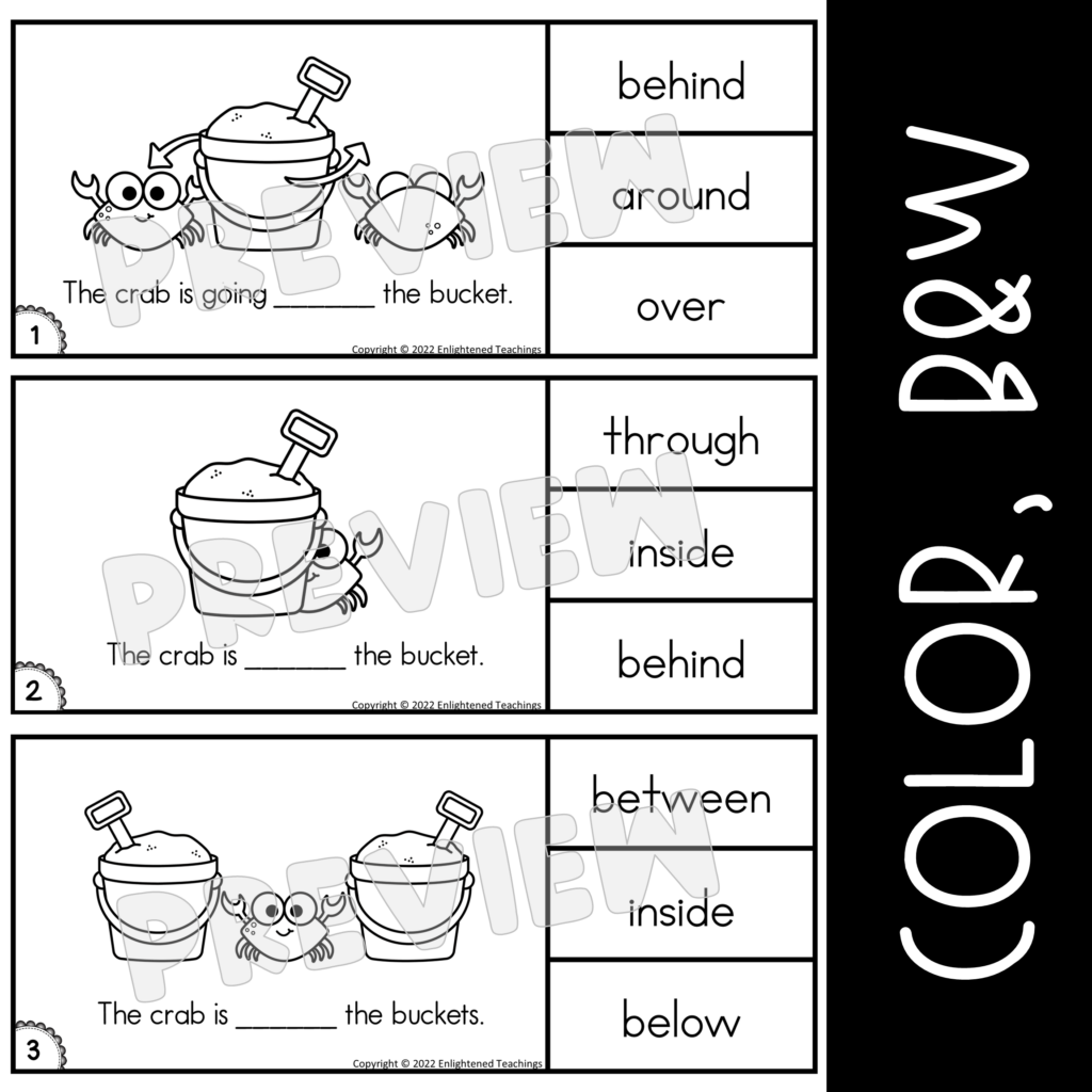 Summer Preposition Clip Cards Task Cards Positional Words Crab and ...