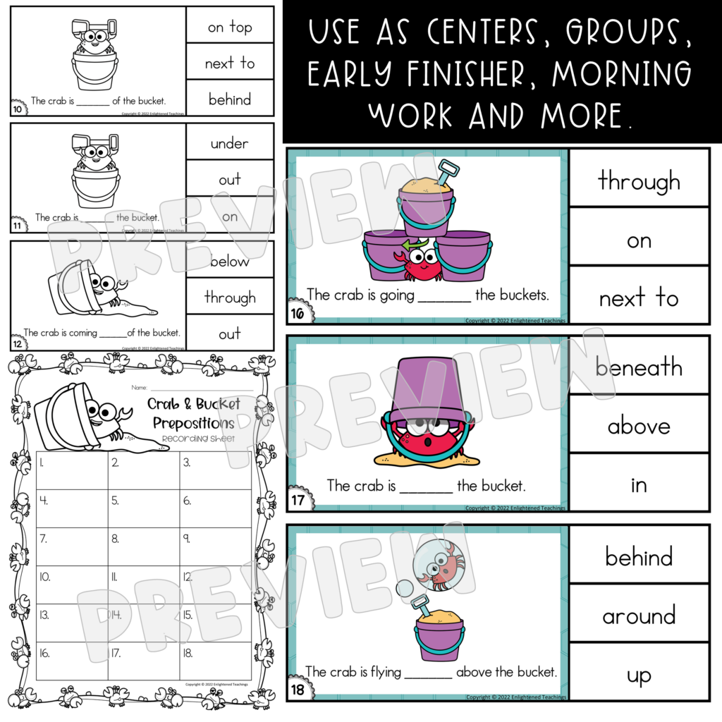 Summer Preposition Clip Cards Task Cards Positional Words Crab and ...