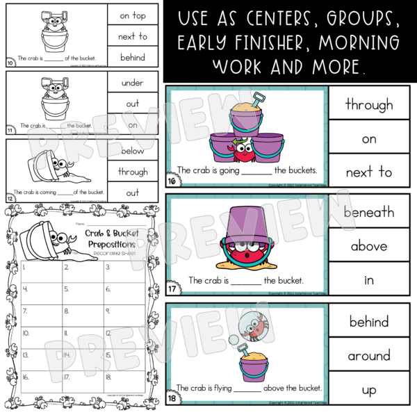 Summer Preposition Clip Cards Task Cards Positional Words Crab and ...