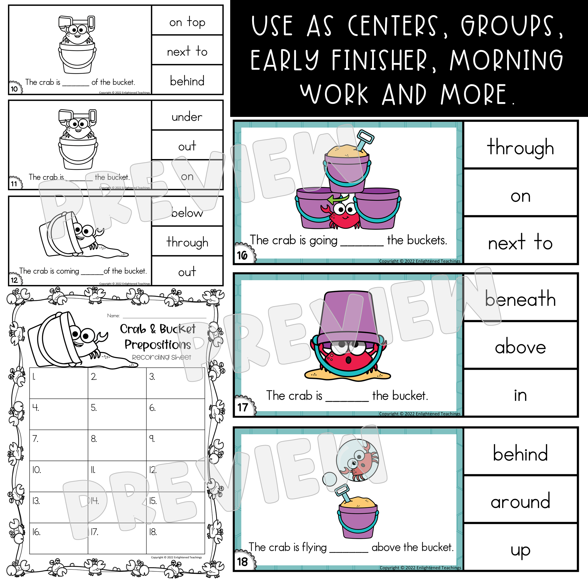 Summer Preposition Clip Cards Task Cards Positional Words Crab and ...