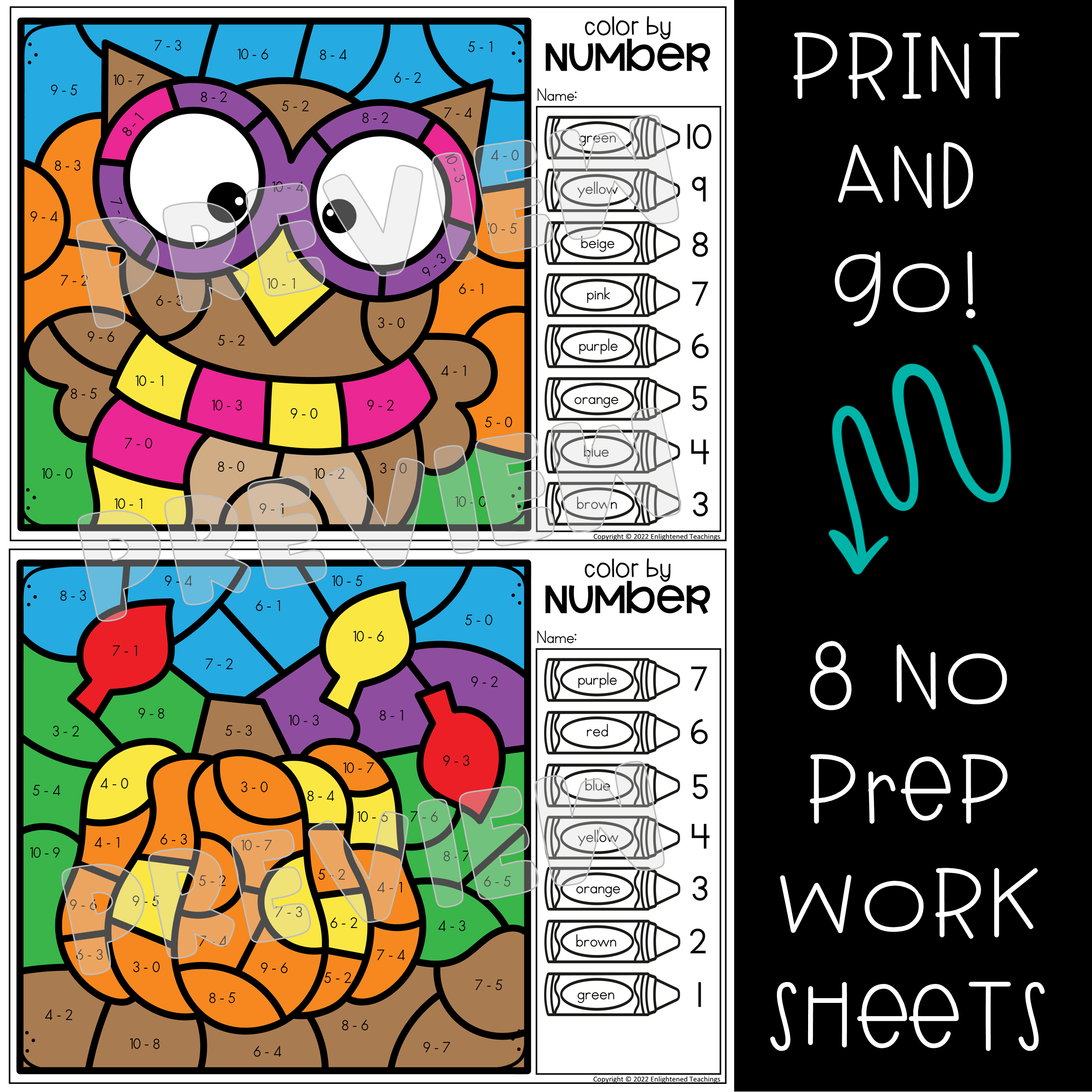 Autumn Fall Subtraction within 10 Color by Code Number NO PREP ...