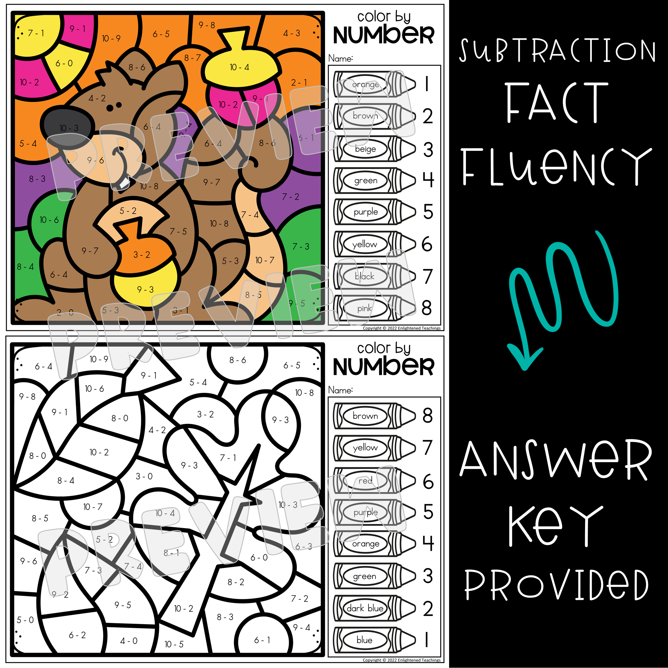 Autumn Fall Subtraction within 10 Color by Code Number NO PREP ...