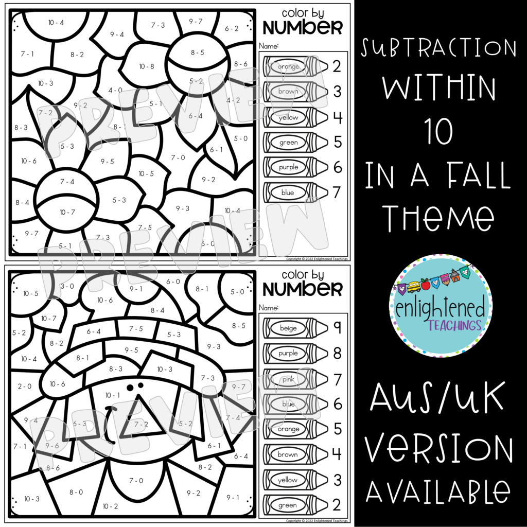 Autumn Fall Subtraction within 10 Color by Code Number NO PREP ...