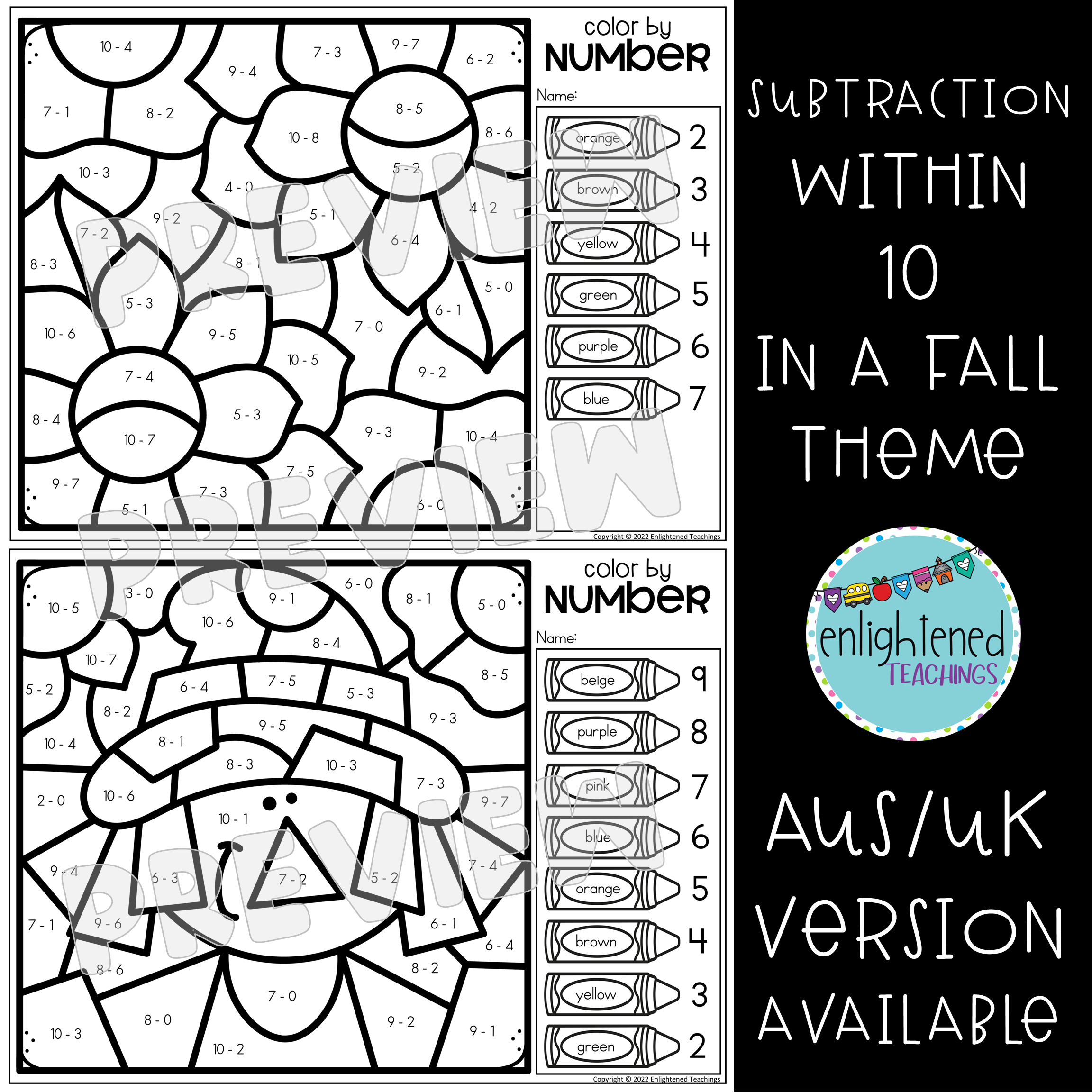 Autumn Fall Subtraction within 10 Color by Code Number NO PREP ...