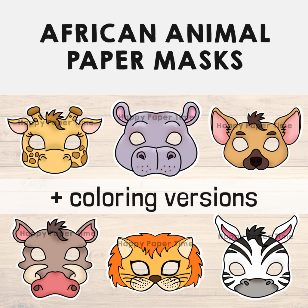 African Animal Paper Masks Printable Safari Coloring Craft Activity ...