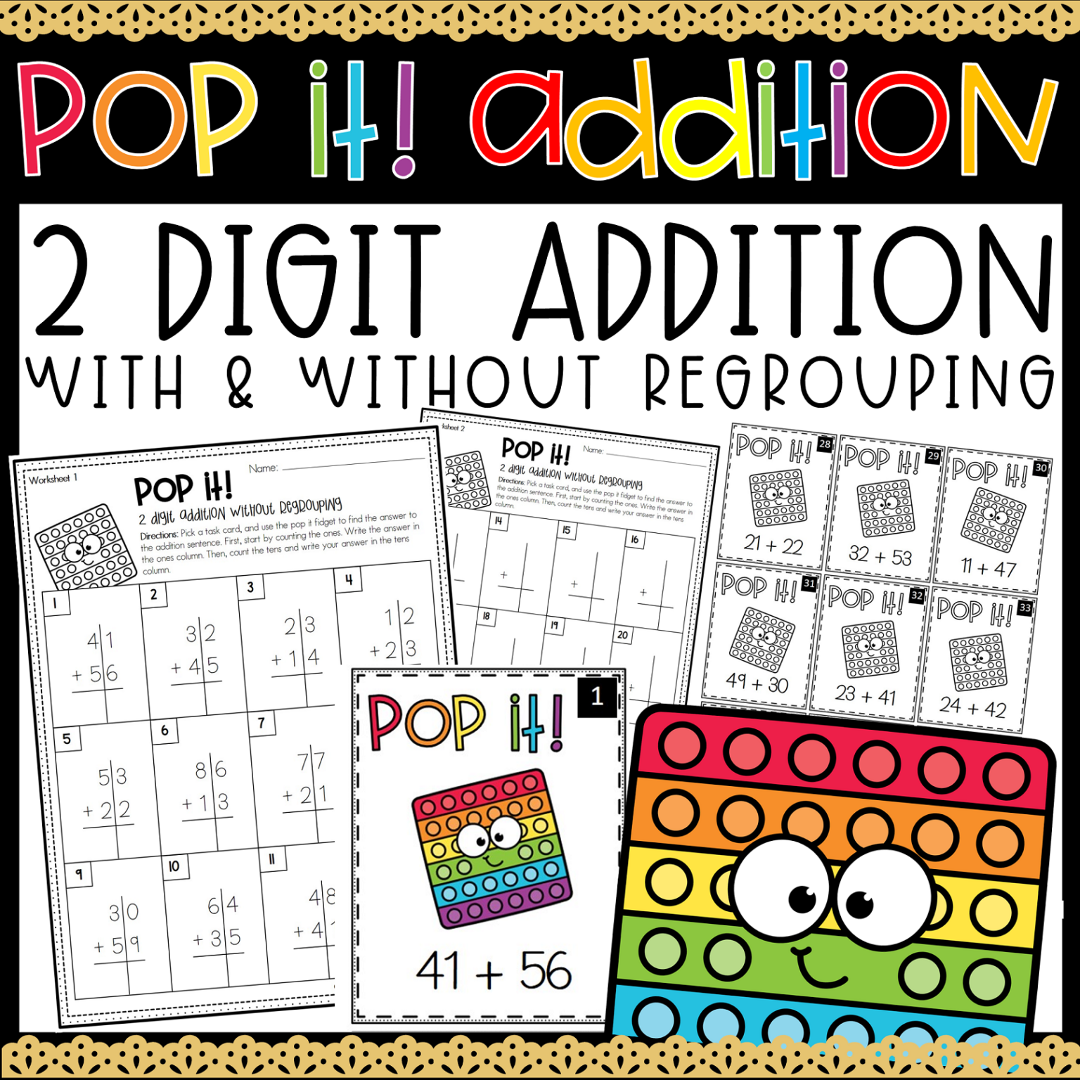 POP IT | Bubble POP 2 Digit Addition Task Cards & Worksheets | Math ...